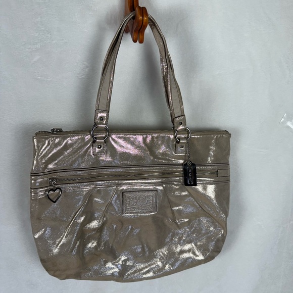 Coach | Bags | Coach Poppy Metallic Silver Purse Tote Bag Shimmer Large ...